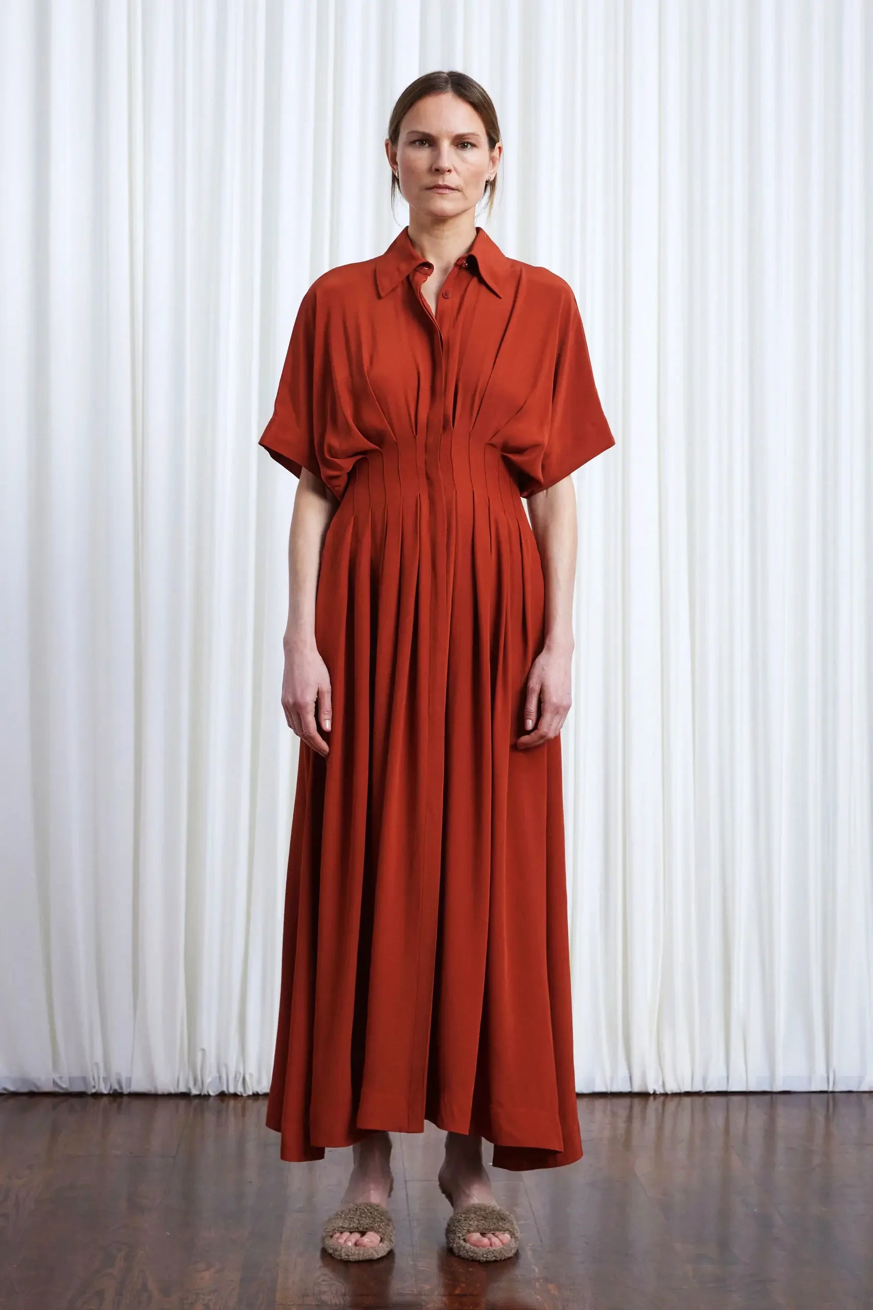 Courage Dress, rust crepe pleated waist midi dress by palmer//harding